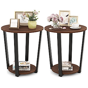 Giantex Round End Table Set of 2, 2-Tier Side Sofa Table with Open Storage Shelf and Metal Frame, Industrial Nightstand Bedside Table for Living Room, Bedroom, Small Space, Accent Furniture, Walnut