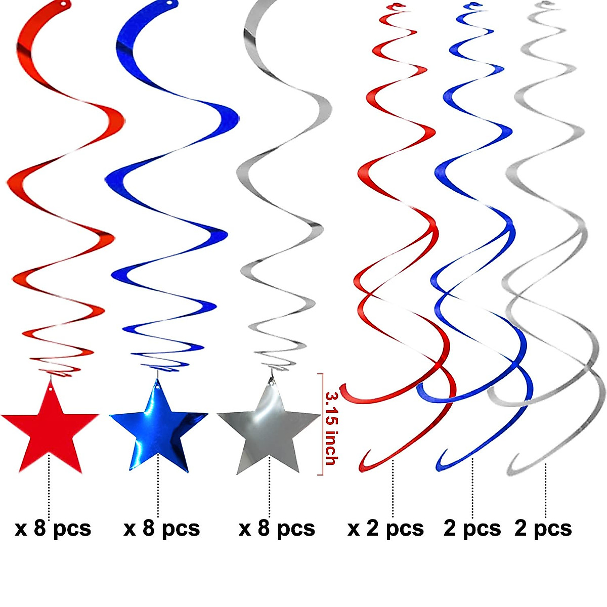 YSSAI 30 Pcs Patriotic Star Hanging Swirls Decorations Swirls with Red Blue Silver Stars Ceiling Hanging Ornaments for 4th of July Independence Day Memorial Day Graduation Party Supplies