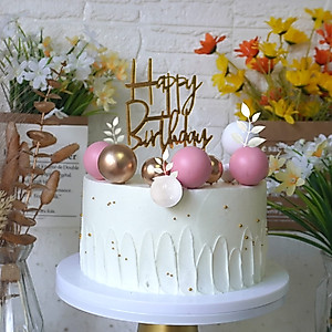 Pink Balls Cake Topper Boho Grass Cake topper Pink White Gold Pearl Balls Happy Birthday Cake Decorations for Wedding Baby Shower Birthday Boho Themed Party Supplies (Pink)