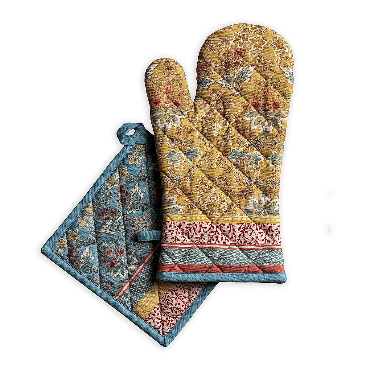 Maison d' Hermine Oven Mitt & Pot Holder 100% Cotton Set of Heat Resistant Oven Gloves (7.5"x13") & Hot Pads (8"x8"), BBQ, Cooking, Baking, Grilling, Marquise - Spring/Summer