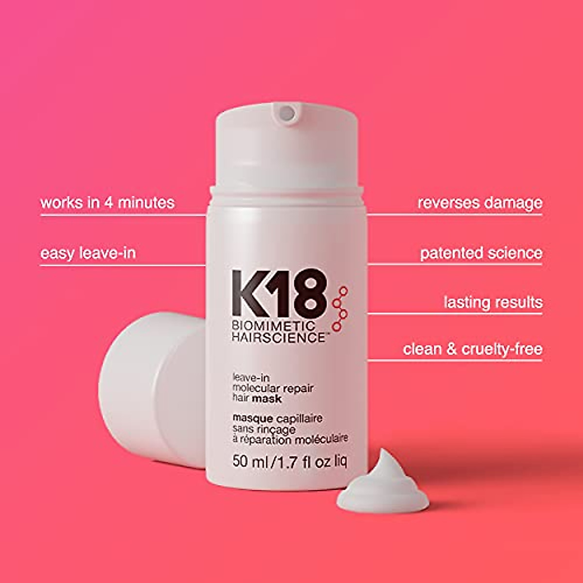 K18 Leave-In Molecular Repair Hair Mask Treatment to Repair Damaged Hair - 4 Minutes to Reverse Damage from Bleach, Color, Chemical Services, 50 ml