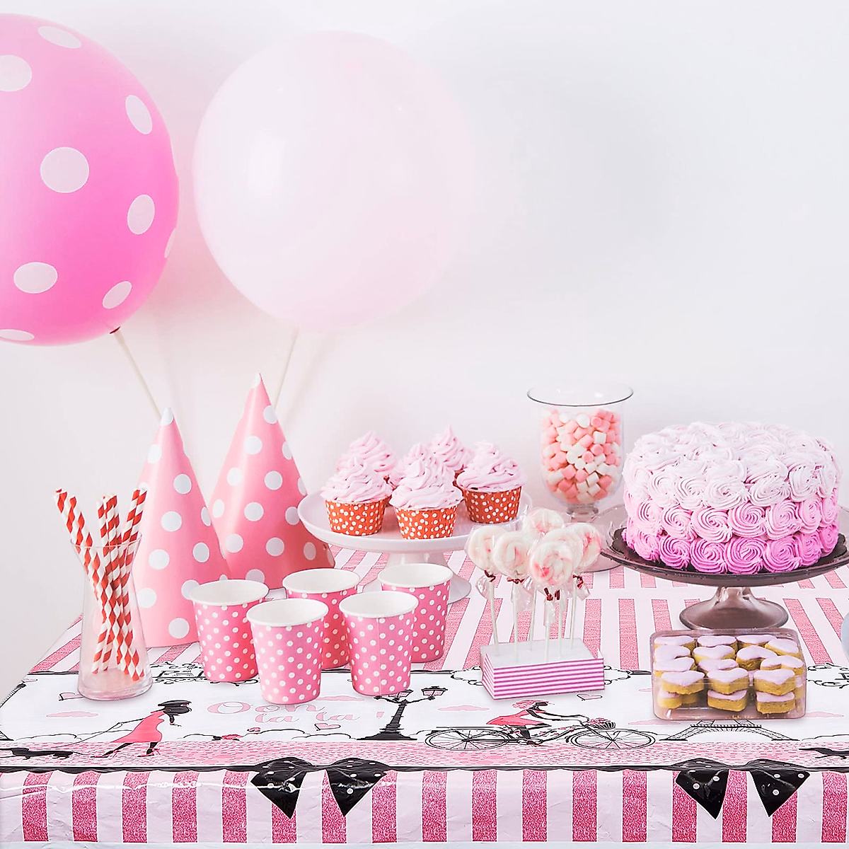 Irenare Paris Theme Tablecloth Paris Princess Theme Party Decorations Day in Paris Plastic Table Covers Table Decoration Ooh La La Pink Table Cloth for Girls Birthday Party Baby Shower (1 Piece)