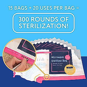 15 Pack Microwave Baby Bottle Sterilizer Bags - 300 Uses Per Pack - Travel Baby Bottle Cleaner Microwave Sterilizer Bag - Breast Feeding Baby Travel Accessories - Use with Soothers & Teethers