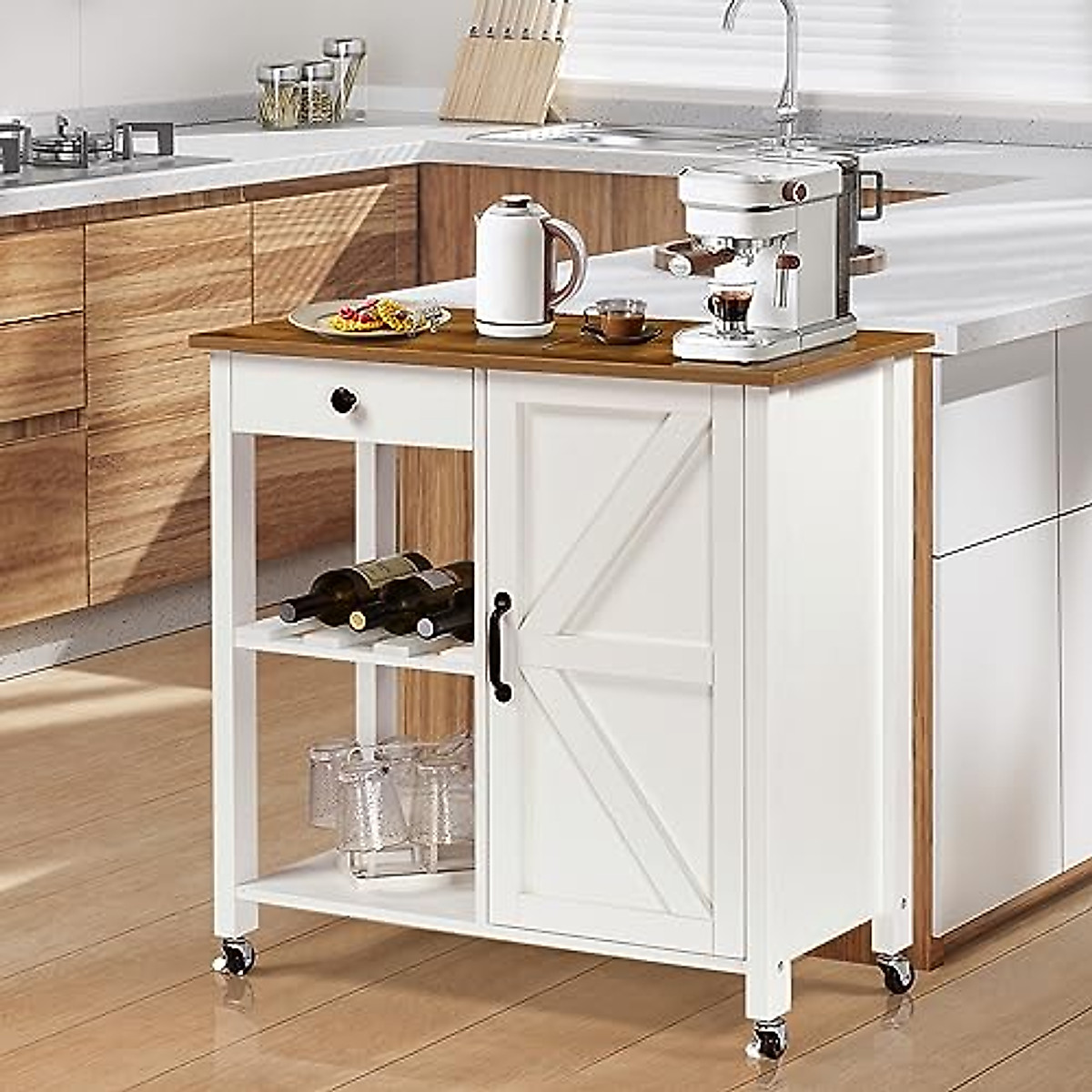 4 EVER WINNER Kitchen Island Cart on Wheel with Storage, 31" Farmhouse Island Table with Storage Drawer & Cabinet, Adjustable Shelf, Wine Rack,Rolling Small White Kitchen Coffee Cart for Dining Room