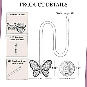 Jewelili Womens Sterling Silver with 1/3 Cttw Treated Black and Natural White Round Diamond Butterfly Necklace, 18" Rolo Chain
