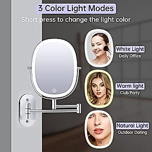 FUNTOUCH Rechargeable Lighted Wall Mounted Makeup Mirror, Double Sided 1X/7X Magnifying Mirror, 3 Lights Option Dimmable, Extension Foldable Arm, Oval Wall Mounted Mirror for Bathroom