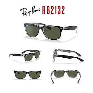Ray-Ban RB2132 NEW WAYFARER Square Sunglasses For Men For Women + BUNDLE with Designer iWear Eyewear Kit (Black on Transparent/Crystal Lens G-15 Green)
