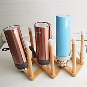 Cyauatt Wooden Cup Bottle Drying Rack, Retractable Drinking Glass and Sports Bottle Drainer Rack,Stand Cup Dish Holder and Plastic Bag Dryer Rack