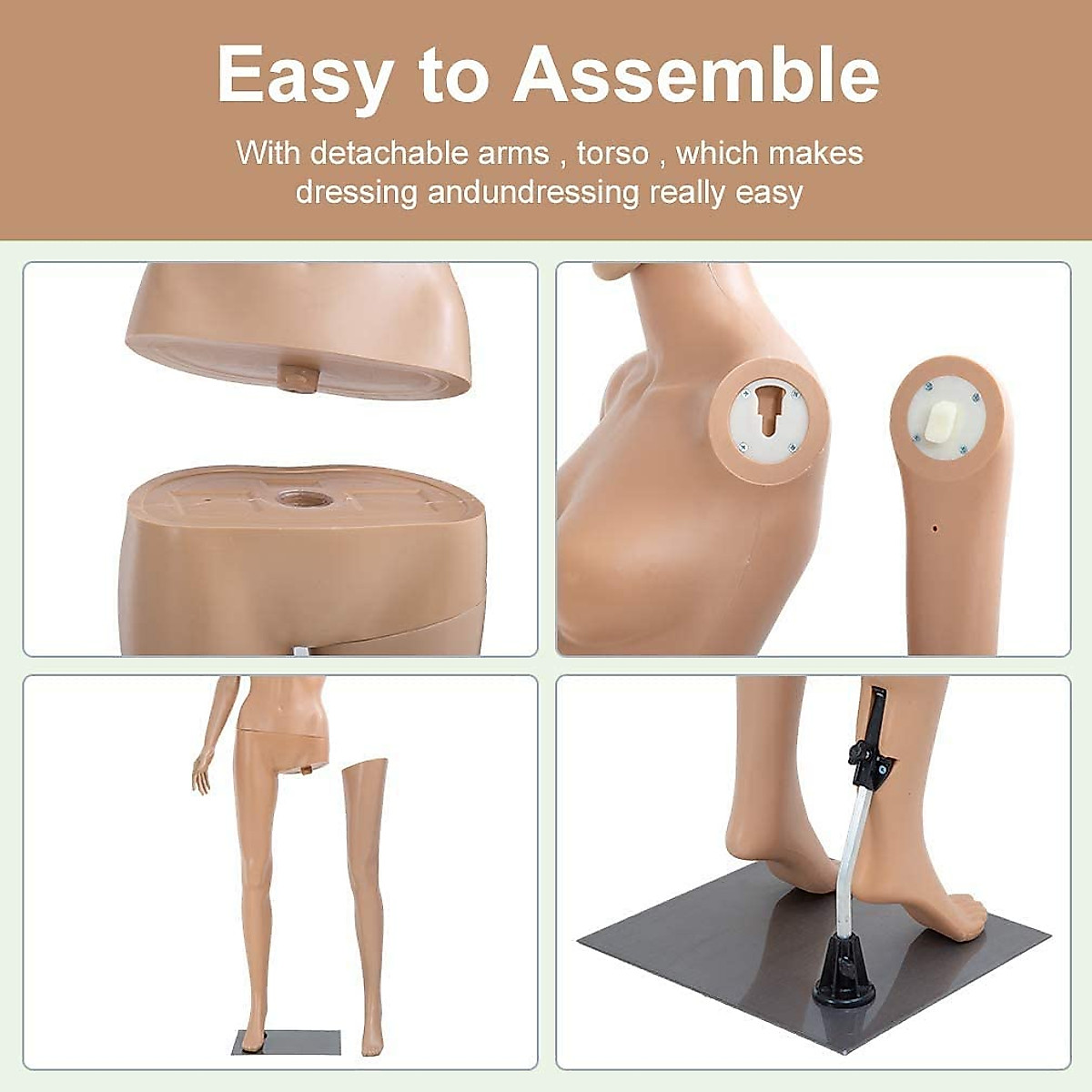 FLL Mannequin Torso, Clothing Form Full Body Manikin Female 69 inch Adjustable Detachable Stand Realistic Display with Metal Base Plastic Head Arm Turns Stand, Beige (FLL-01)