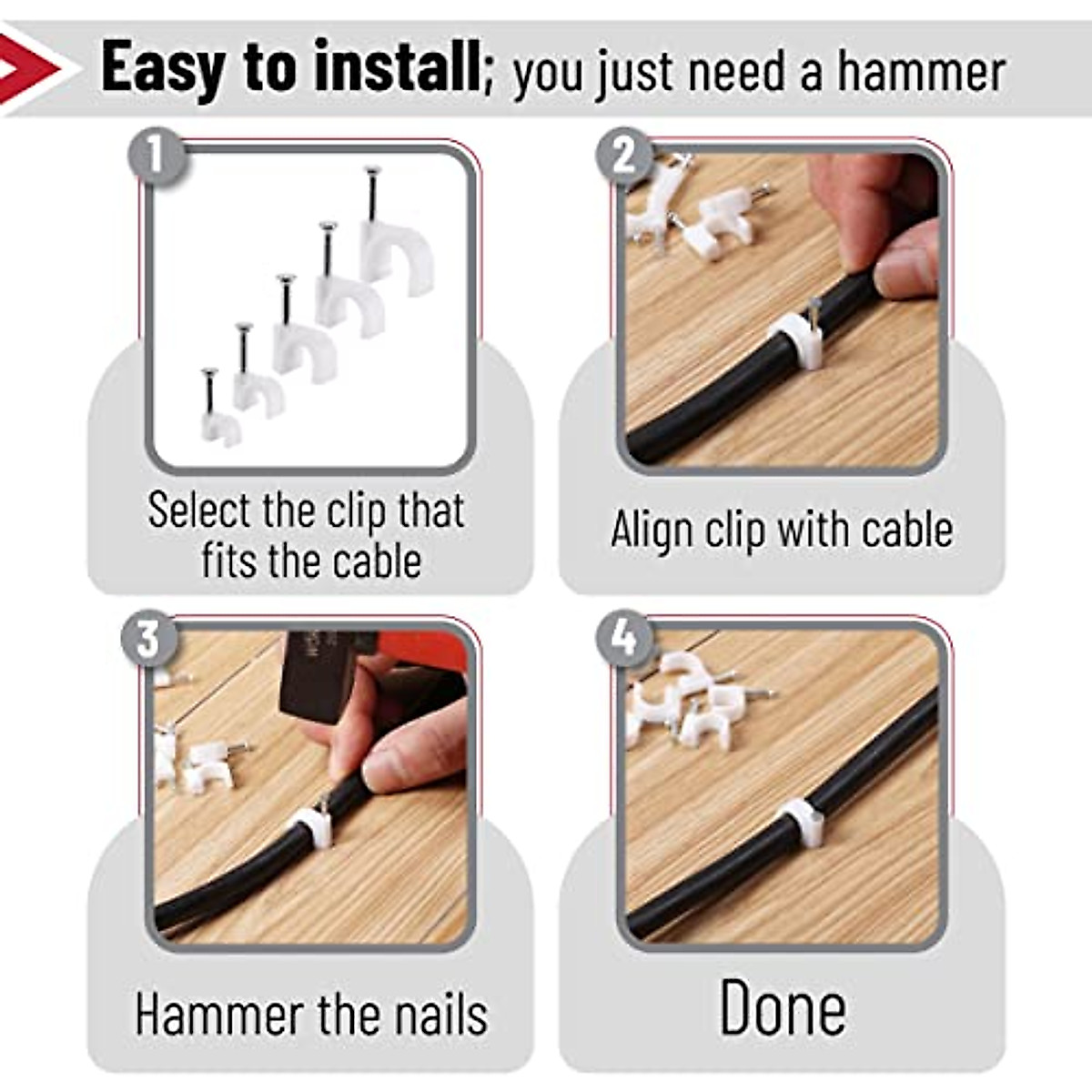 Bates- Cable Clips with Steel Nails, White, 360 pcs, 4mm 5mm 6mm 8mm 10mm, Wire Clips, Cord Clips, White Cable Clips, Ethernet Cable Clips, Cable Wire Clips, Coax Cable Clips, Cable Cord Clips.