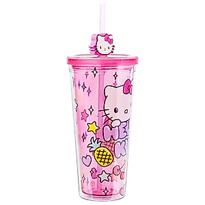 Silver Buffalo Sanrio Hello Kitty Kawaii Cute Hearts and Sparkle Plastic Cold Cup with Lid and Straw Topper, 24 Ounces