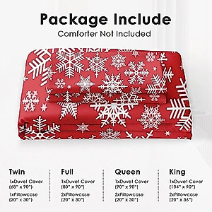 Duvet Cover Queen Size, Christmas Snowflakes Red Merry Bedding Set with Zipper Closure for Kids and Adults, Winter Xmas Crystal Comforter Cover with 2 Pillow Shams for Bedroom Bed Decor