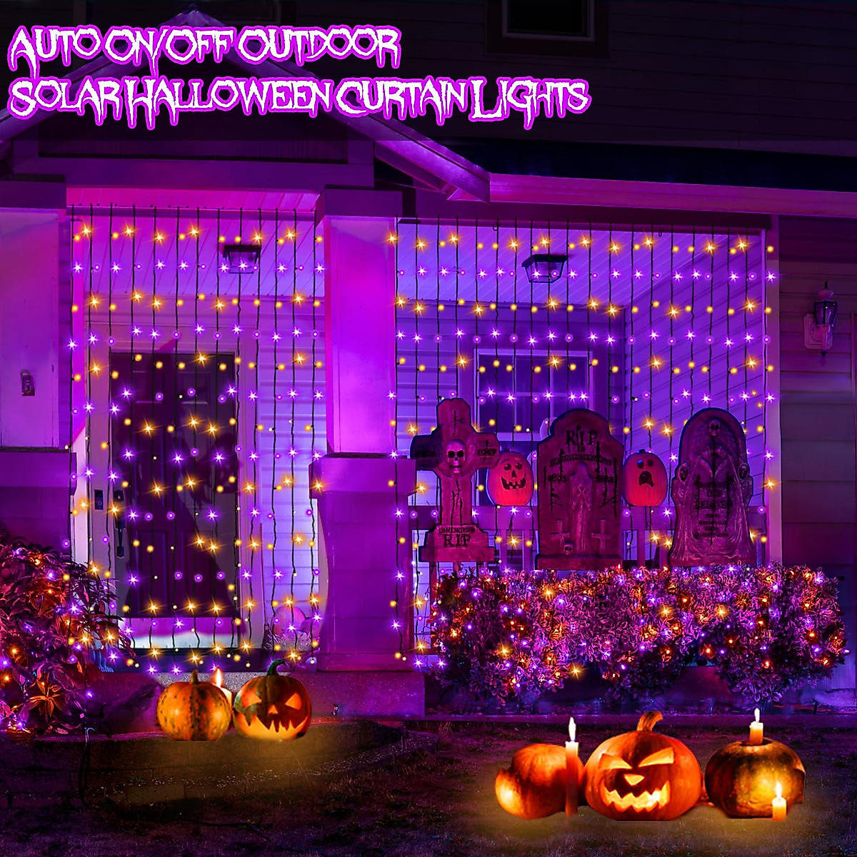 Purple Orange Solar Halloween Curtain Lights Outdoor 300 LED 19.6ft(L)x3.3ft(H) Vertically Extra Length Lights Curtain 8 Versatile Modes Waterproof for Halloween Holiday Decoration Fence Yard Garden