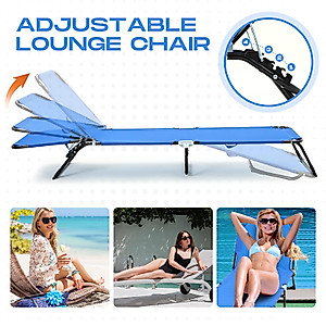 2 Pack Beach Lounge Chair for Adults Folding Camping Cot Tanning Chair Outdoor 4 Position Adjustable Reclining Lounger Portable Chaise Lounge Chair for Sunbathing Patio Beach Lawn Pool(Royal Blue)