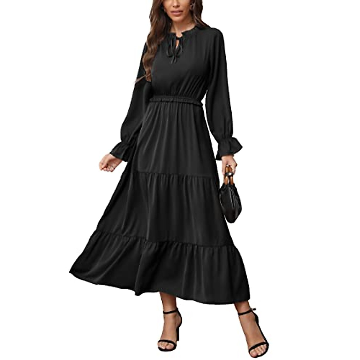KIRUNDO Women's 2023 Fall Long Sleeve Tie Crew Neck Maxi Dress Casual Empire Waist Boho Ruffle Flowy Long Dresses(Black, Medium)