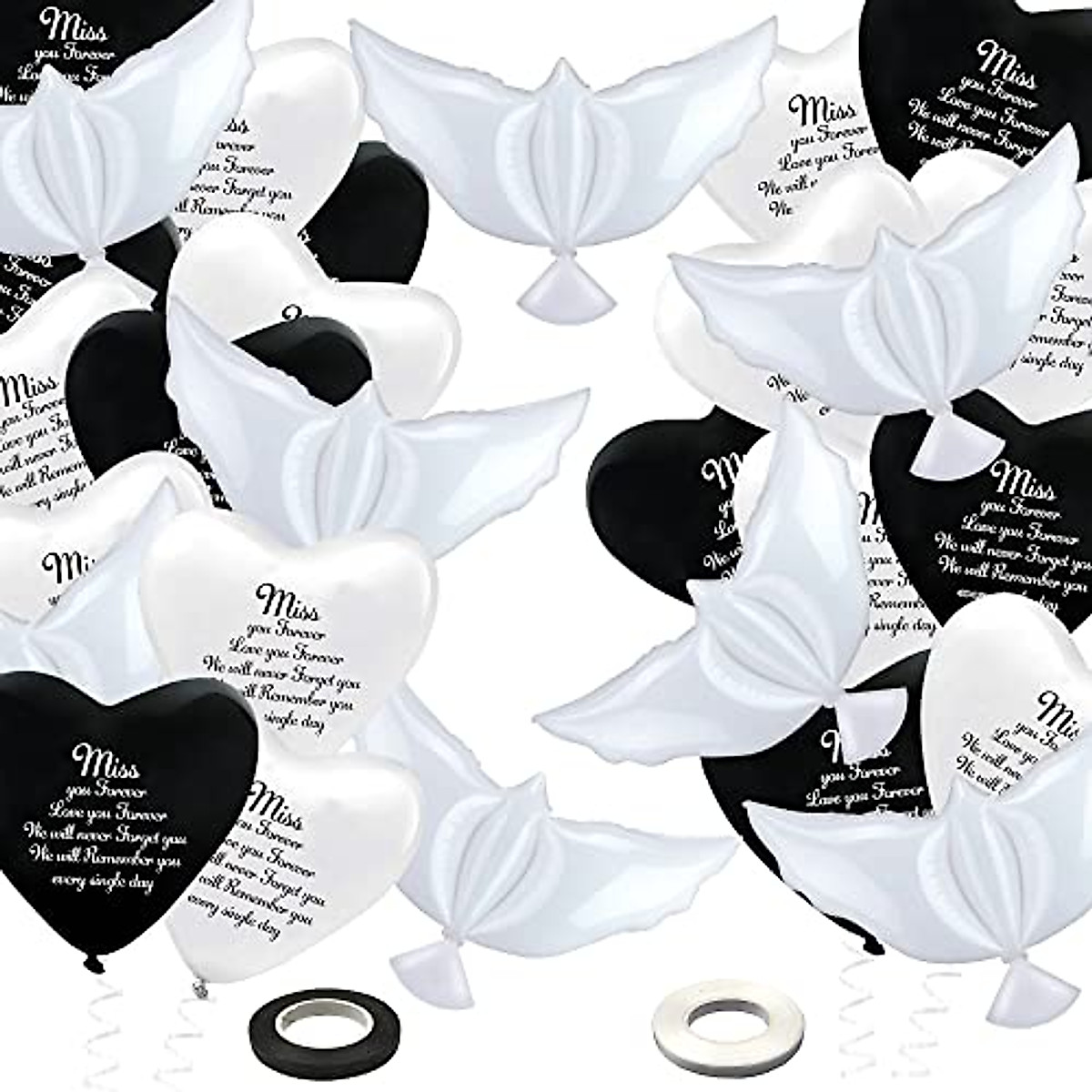 50 PCS Memorial Balloons Set with 40 PCS White and Black Memorial Balloons 8 PCS Peace Dove Balloons Pigeon Bird Balloons Funeral Remembrance Balloons 2 Rolls of Ribbons