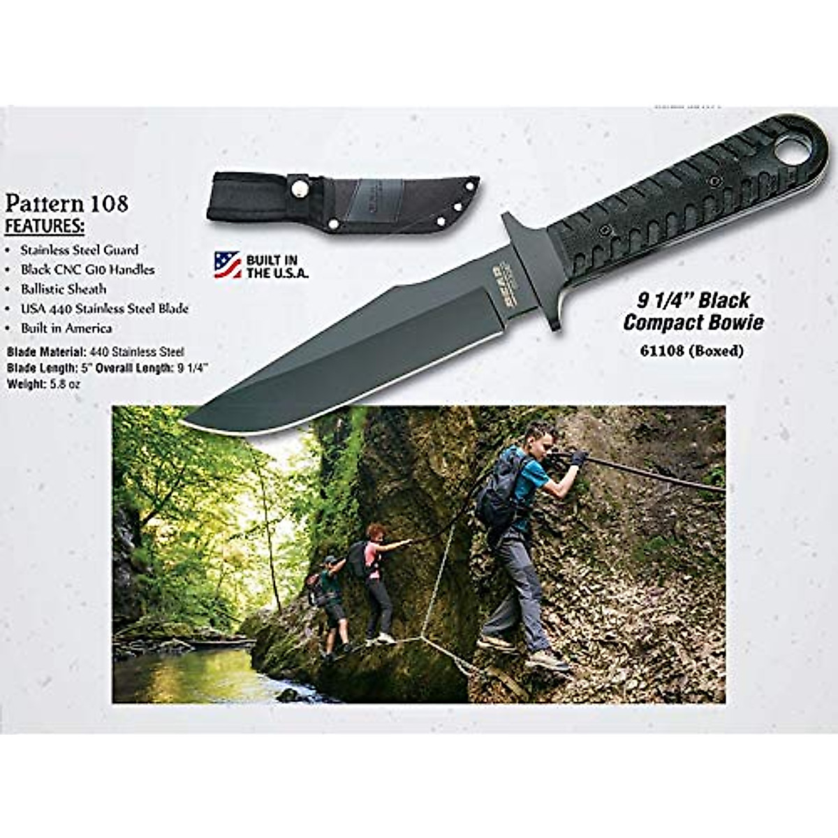 Bear Edge Compact Bowie, 5” 440 High Carbon Stainless Steel Blade, Lightweight Black G10 Handles, Ballistic Sheath Included (61108)