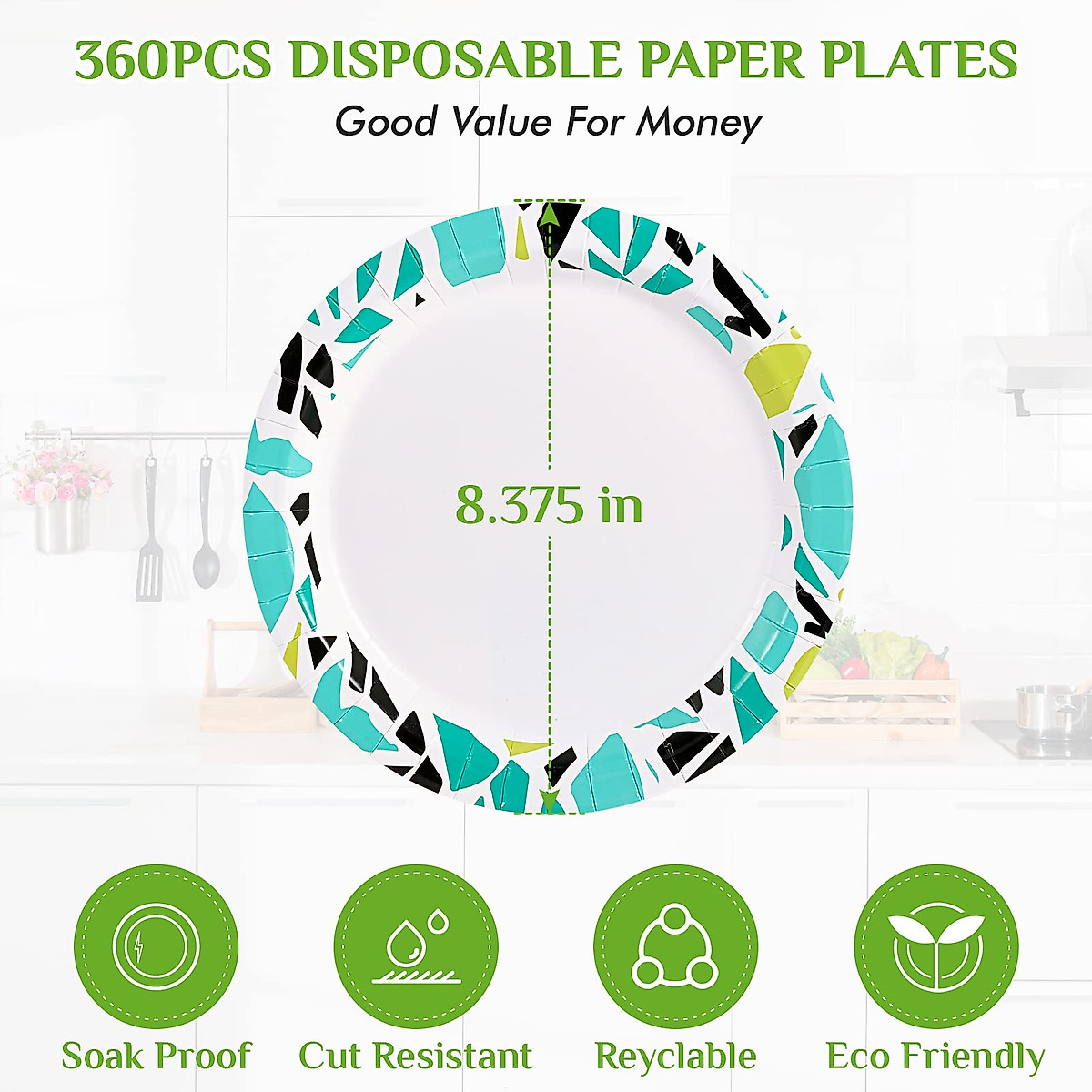 FOCUSLINE 360 Pack Paper Plates 8.375 Inch, Disposable Paper Plates Bulk 360 Count, Soak-Proof & Cut-Proof Bulk Paper Plates for Parties, Picnic and Family Gatherings.