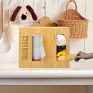 Antallcky Bamboo Trash Bag Dispenser Roll Holder 13 Gallon 2 Rooms,Garbage Bag Storage Dispenser Organizer Wall Mount or Under Sink for 2 Rolls of Plastic Bags(Up to About 160 Bags)