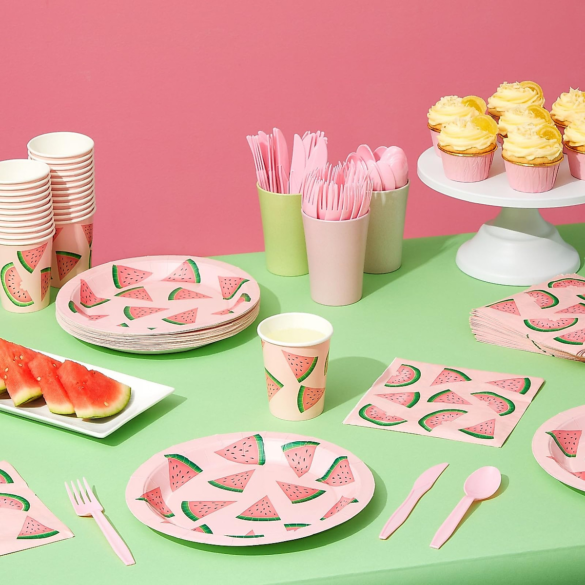 288-Pieces Watermelon Party Supplies with Plates, Napkins, Cups, and Cutlery, One In A Melon Party Decorations for Girls Summer Birthday Party, Baby Shower (Pink, Serves 48)