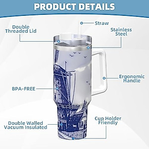 Xiexide 40oz Stainless Steel Gifts Vintage Blue Nederland Dutch Windmill Country Double Walled Vacuum Insulatedith Handle And Straw,Hot & Cold Drinks