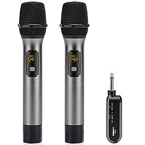 PERWHY Wireless Microphone System, UHF All Metal Cordless Dual Handheld Dynamic Mic Set with Rechargeable Receiver, for Karaoke Party, Amplifier, PA System, Singing Machine, Church, Wedding, 200ft