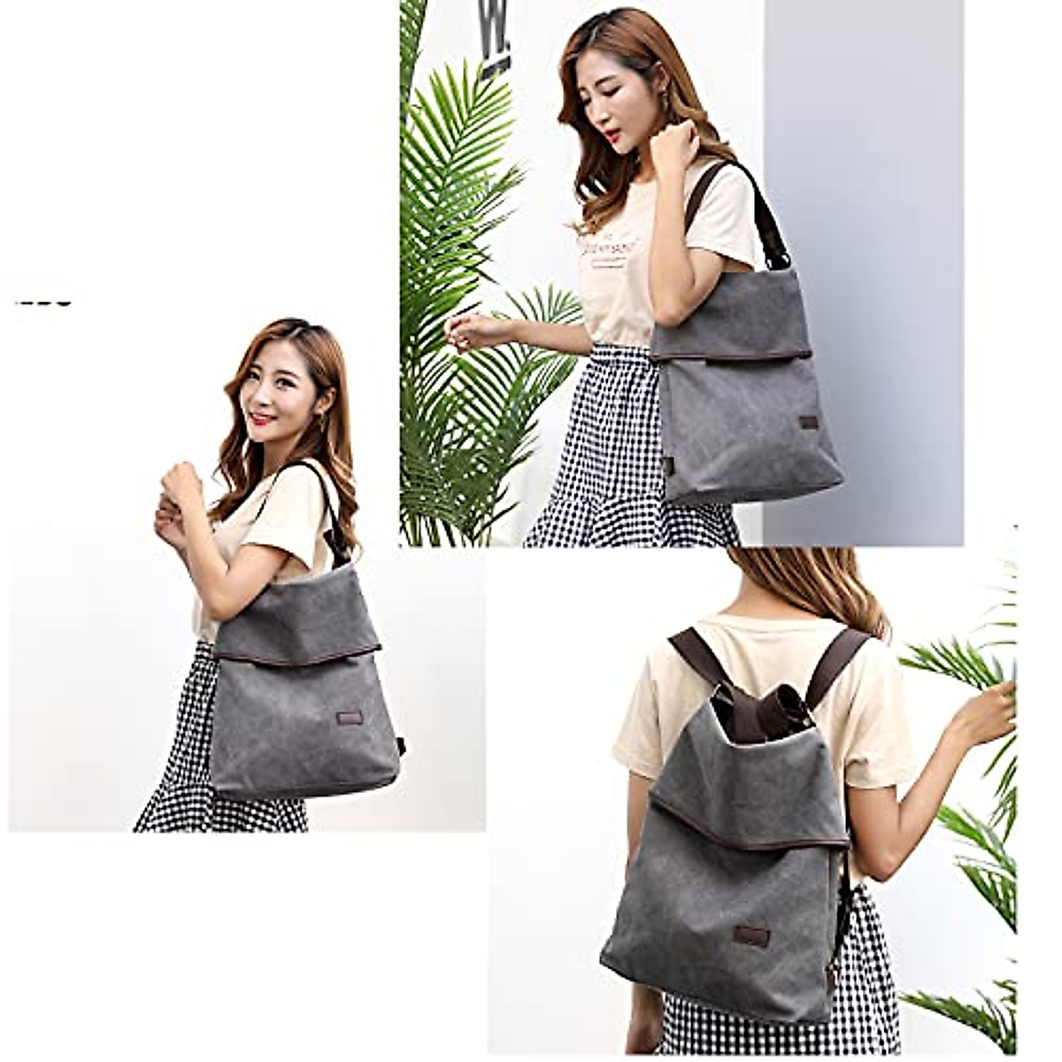 WECALF Women Multifunction Canvas Shoulder Bag, Convertible to Backpack or Crossbody Purse, Natural Fabric, Ideal for Traveling, Shopping, Schooling, Dating, Camping, Hiking, Working (grey)