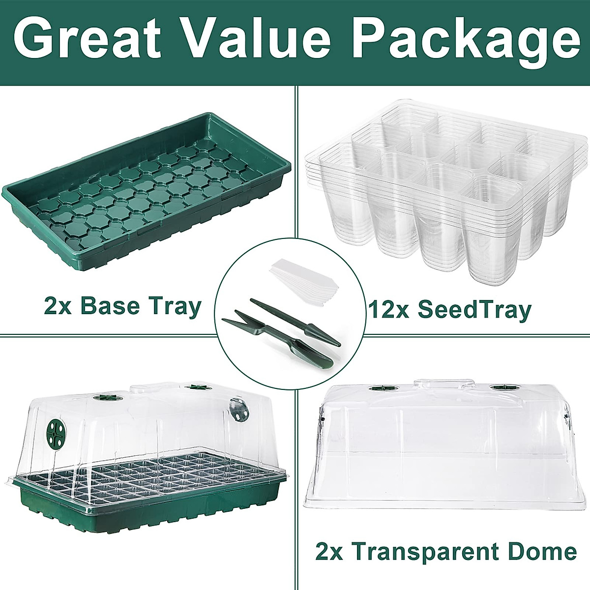 DEAYOU 2-Pack Seed Starter Tray with Humidity Dome and Base, 144 Cells Adjustable Seedling Starting Clone Tray, Garden Propagator Germination Kit with Plant Tags for Indoor Hydroponic Plants Growing