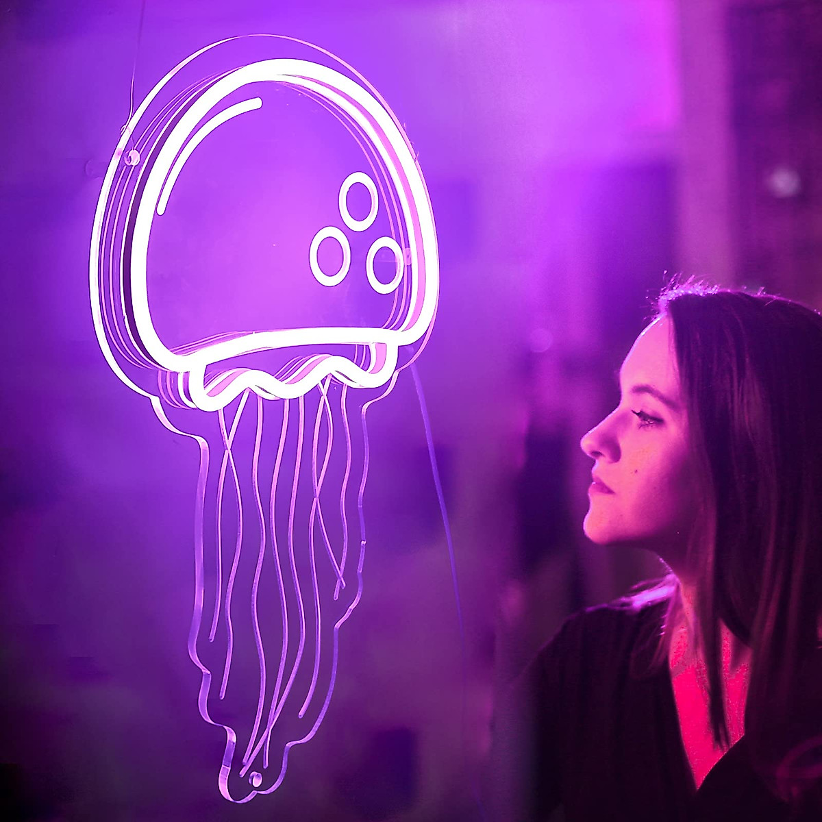 Jellyfish Neon Signs for Wall Decor Light Up Personalized for Bedroom, Bar, Birthday, Holiday Party, Wedding. USB Powered 3D Art Creative Purple Light LED with Dimmer Switch