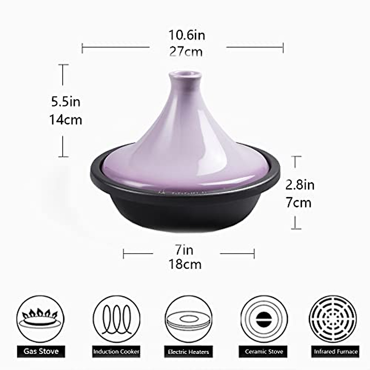 Moroccan Tagine Enameled Cast Iron Tajine Cooking Pot with Cone-Shaped Closed Lid for Stew Casserole Slow Cooker 1.7L Tajine Cookware (Purple)