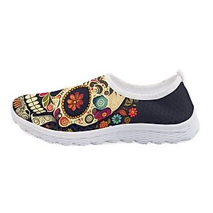 Flower Skull Womens Loafers Shoes Wedge Platform Casual Breathable Mesh Shoes Fashion Flat Print Shoes for Girls Walking Loafers Falt Platform Hands Free Sneakers Mesh Sneakers