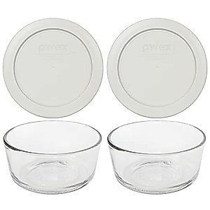 Pyrex (2 7200 Glass Bowls & (2) 7200-PC Sleek Silver Lids