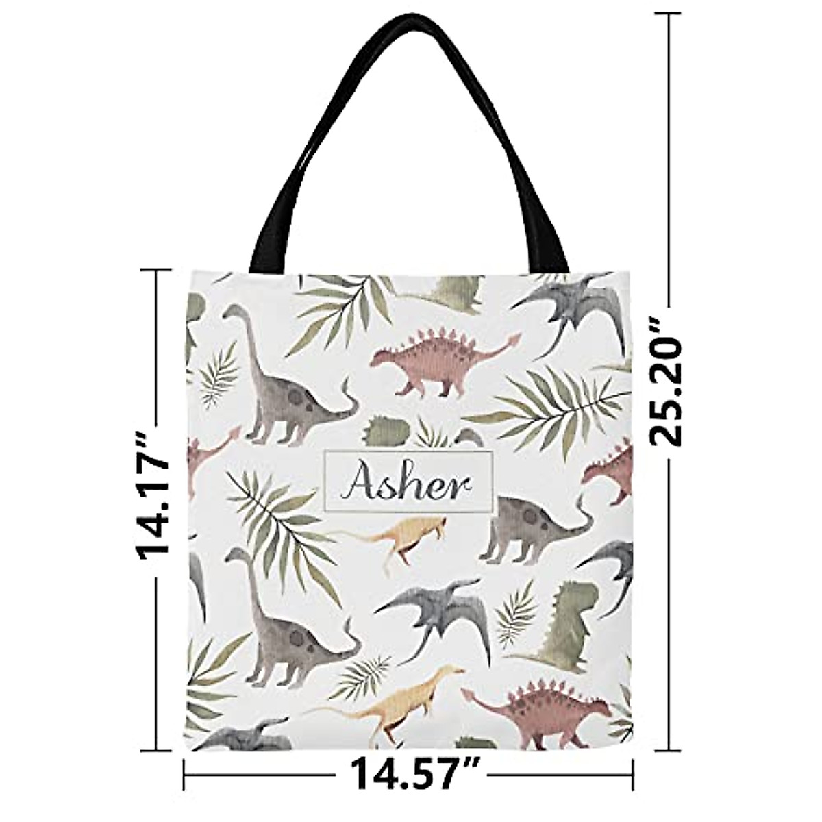 Yeshop Cheerful Dinosaur Personalized Canvas Tote Bags, Reusable Bags for Shopping,Travel,School Handbag Gift,14.17inch x 14.57inch