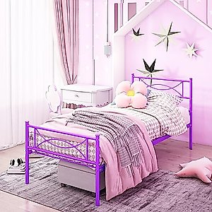 Purple Twin Bed Frames with Storage for Girls Adults Teens, Single Bed Metal Twin Size Beds, Twin Bed Frame No Box Spring Needed Twin Platform with Headboard for Students
