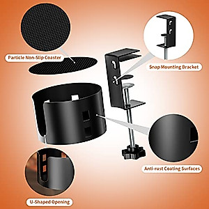 Upgraded Large Desk Cup Holder Clamp, OOKUU Anti-Spill Table Cup Holder, Metal Office & PC Gaming Desk Accessories, Compatible with Universal Cup, Bottles, Pencil Holder (Black)