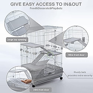 Gecheer 4-Tier 32" Small Animal Metal Cage Height Adjustable with Lockable Casters Grilles Pull-Out Tray for Rabbit Chinchilla Ferret Bunny Guinea Pig Squirrel Hedgehog Grey