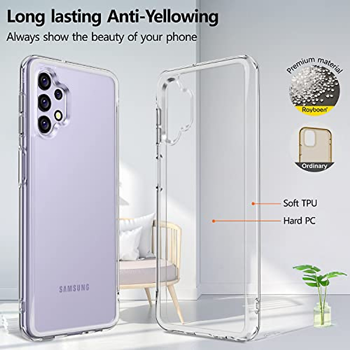 Rayboen for Samsung Galaxy A32 5G Case Diamond Clear Designed [Anti-Yellowing] Shockproof Phone Case, Hard Back & Soft TPU Bumper Hybrid Transparent Cover for Galaxy A32 5G Phone Case 6.5 inch