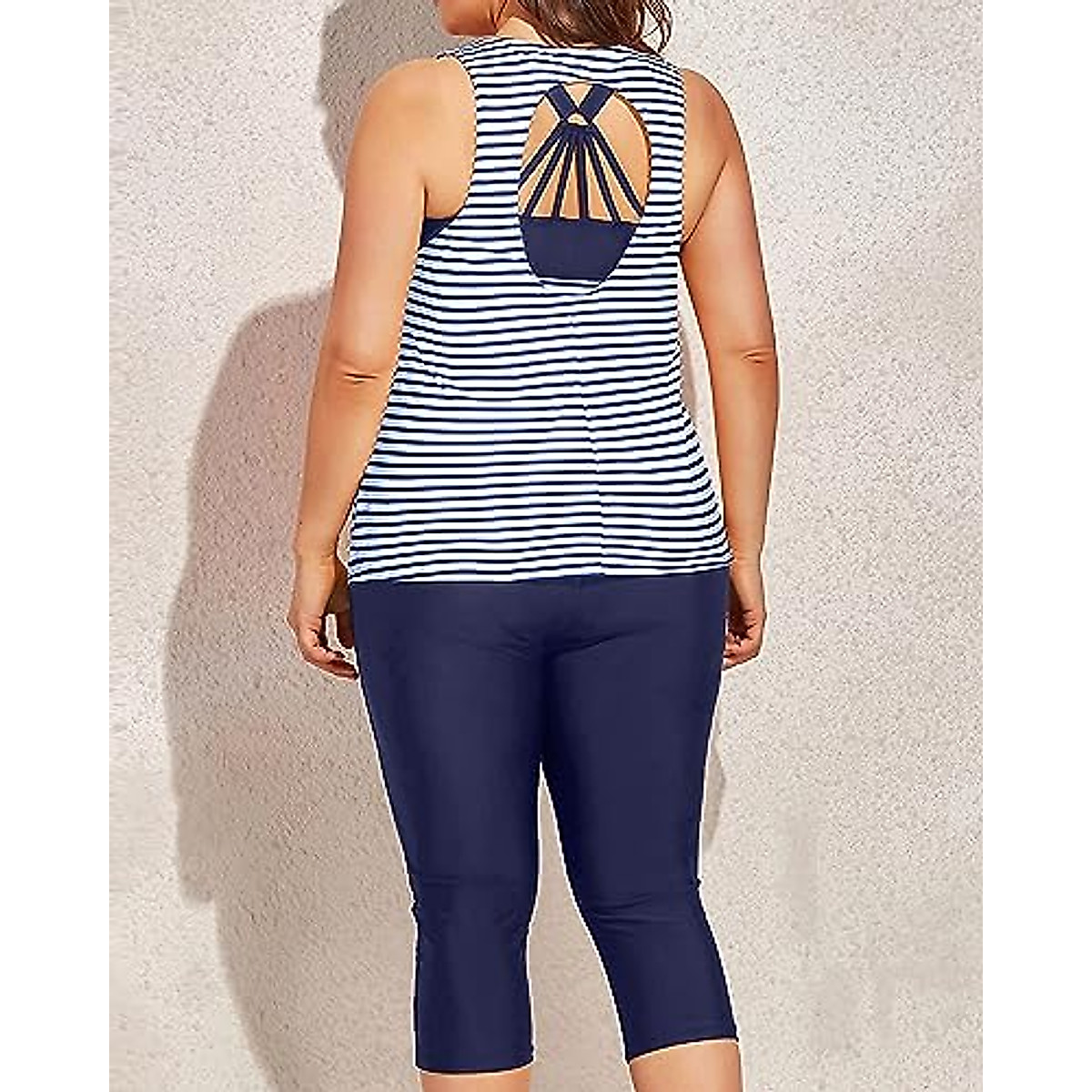 Yonique 3 Piece Plus Size Swimsuits for Women Tankini Tops with Sports Bra and Swim Capris Athletic Bathing Suits Blue and Stripes 20 Plus