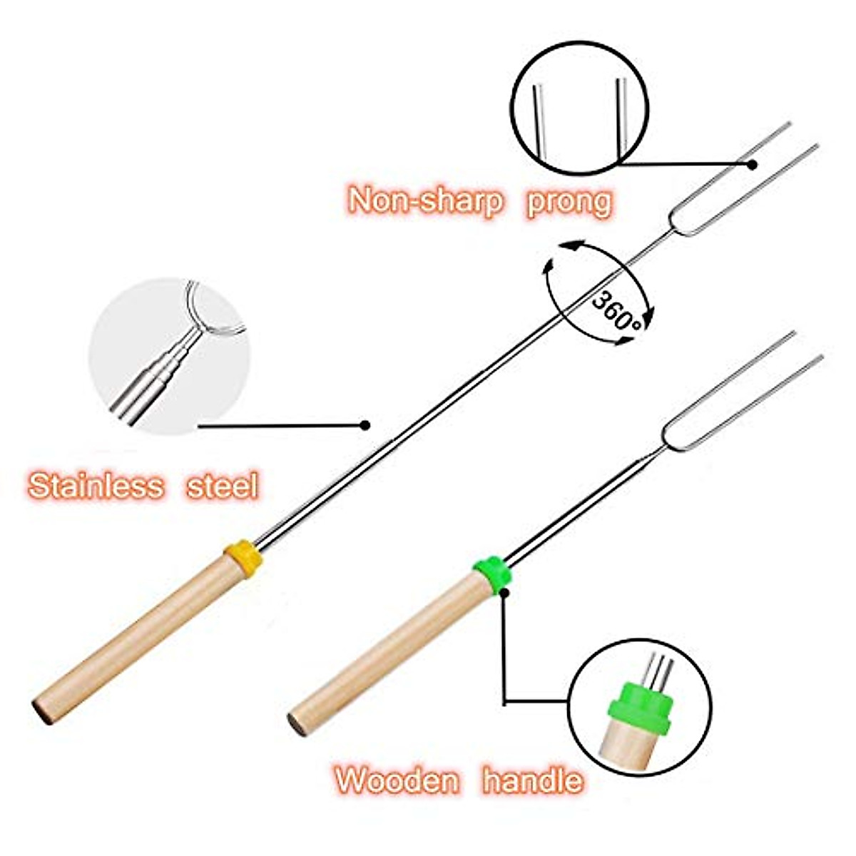 HSHKJ Marshmallow Roasting Stick 8 Packs Smores Skewers for fire Pit Telescoping BBQ Fork with Wooden Handle for Sausage Hot Dog Campfire Camping Stove Grill Kit with Portable Bag,32Inch