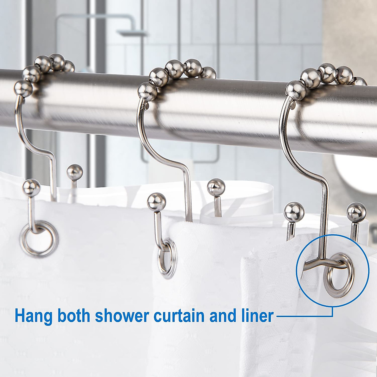 TOPROD Shower Curtain Hooks Rings, Double Sided Shower Curtain Hooks, Stainless Steel Shower Hooks Rust Proof for Bathroom Shower Curtain Rod Curtains, Free Gliding, Brushed Nickel, Set of 12