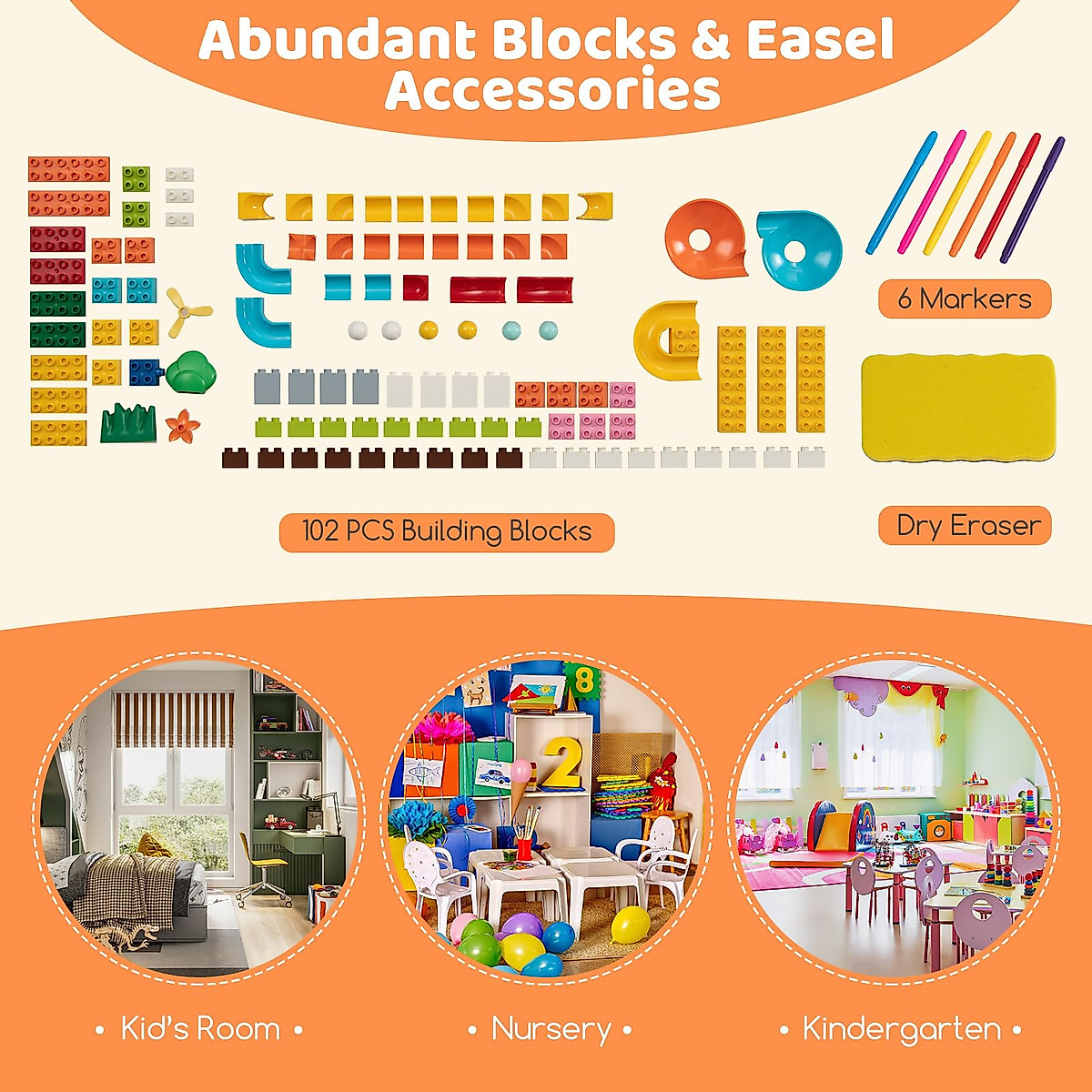 Costzon 6-in-1 Kids Table & Chair Set, Folding Art Easel w/Markers, Eraser, 102 Pcs Compatible Bricks, Reversible Building Block Tabletop, Storage Space & Baskets, Activity Table for Sand & Water