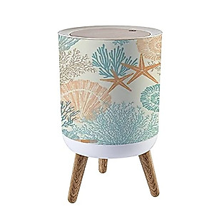 Small Trash Can with Lid Marine hand drawn sea shells stars mollusk coral Perfect for textiles Round Garbage Can Press Cover Wastebasket Wood Waste Bin for Bathroom Kitchen Office 7L/1.8 Gallon