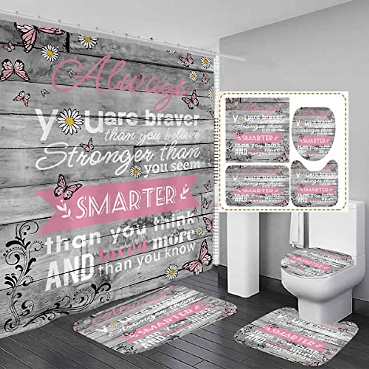AAtter 4 Piece Pink and Grey Shower Curtain Set Inspirational Quotes Girls Kids Motivational Women 60Wx72L Curtains Decor with Non-Slip Rugs, Toilet Lid Cover and Bath Mat Bathroom Accessories, Rustic