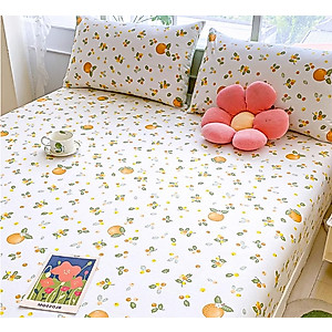 100% Cotton Fitted Sheet with Elastic Band +2pc Pillowcases Orange Fruit Print Double Queen Cal-King Size Mattress Cover for Girls Boys B99A (Queen (U.S. Standard))
