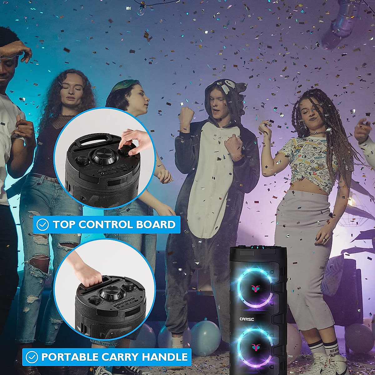 EARISE M62 Portable Bluetooth PA Speaker, Dual 6.5" Rechargeable Indoor/Outdoor Bluetooth Karaoke Audio System, TWS, Party Lights, LED Display, FM/AUX/MP3/USB/SD/TF