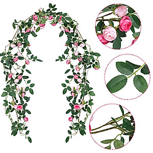 Whaline 54Pcs Rose Flower Garland Double Pink Fake Rose Vine Garland with Green Leaves 5.7ft Artificial Hanging Floral Garland Realistic Flowers String for Home Wedding Party Garden Craft Wall Decor