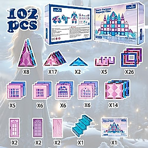 102pcs Frozen Princess Castle Magnetic Tiles Building Blocks - 3D Diamond Blocks, STEM Educational Toddler Toys for Pretend Play, 4 Year Old Girl Birthday Gifts Kids Ages 3 5 6 7 8