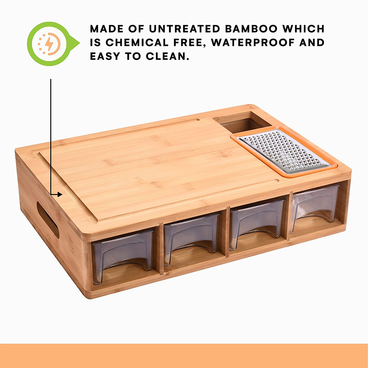 Prosumers Choice Bamboo Cutting Board - Wooden Like Chopping Board with Food Container Organizer, Cheese Shredder, & Juice Groove - for Veggie, Cheese, & Meat - Kitchen Fit Size of 15 x 10 x 3 inches