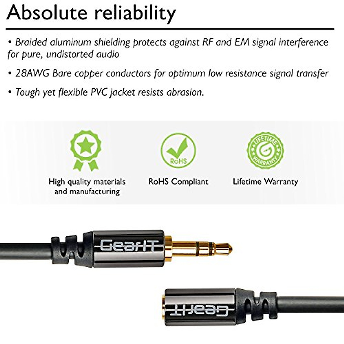 50ft 3.5mm Extension Cable, GearIT Pro Series Preminun Gold Plated 50 Feet 3.5mm Auxiliary Audio Stereo Extension Male to Female Cable, Black