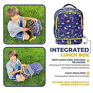 Backpack with Lunch Box for Boys, Cute 15” Boy Backpacks and Integrated Lunch Bag with Water Bottle Pocket Holder, Insulated Padded Travel Bags Boxes for Elementary School Kids, Blue Yellow Trucks